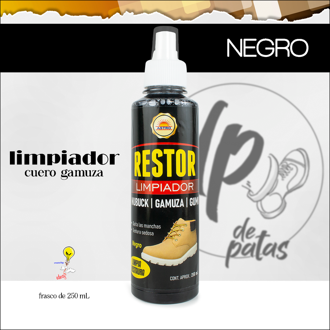 Limpiador de cuero gamuza (RESTOR-NEGRO 250 ML) – depatascalzadomasculino